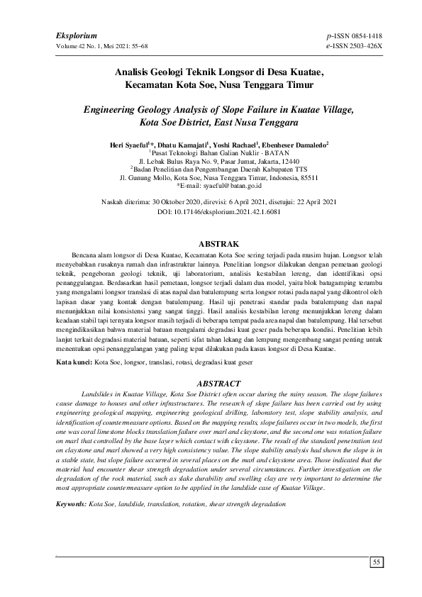 (PDF) Engineering Geology Analysis of Slope Failure in Kuatae Village, Kota Soe District, East ...
