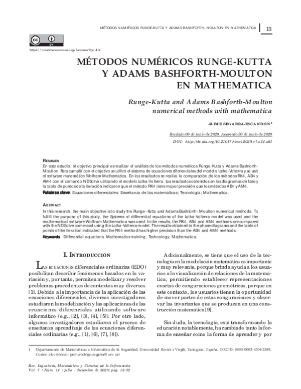 (PDF) Métodos Numéricos Runge-Kutta y Adams Bashforth-Moulton en Mathematica