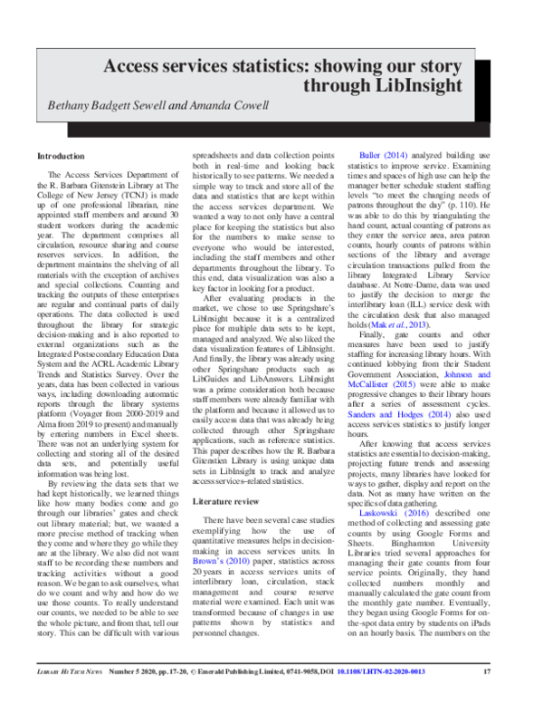 (PDF) Access services statistics: showing our story through LibInsight | Bethany Sewell ...