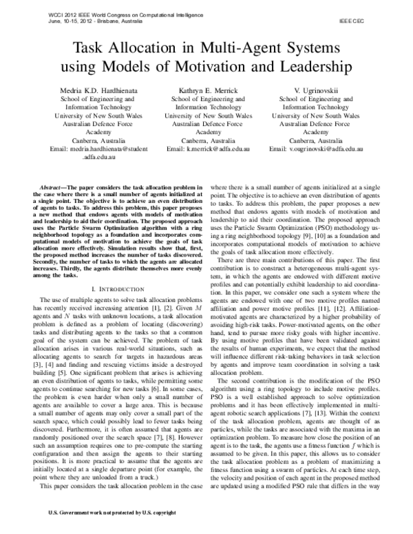 (PDF) Task allocation in multi-agent systems using models of motivation and leadership