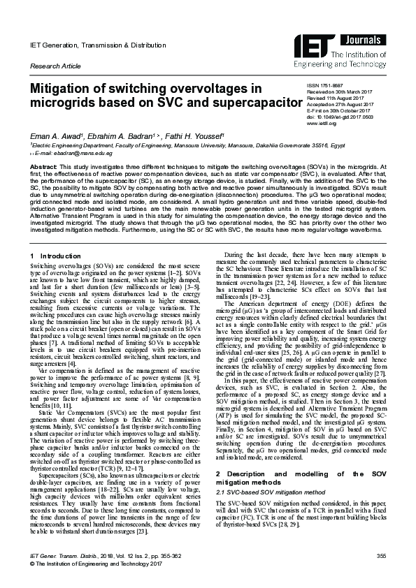 (PDF) Mitigation of switching overvoltages in microgrids based on SVC and supercapacitor