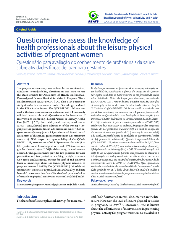 (PDF) Questionnaire to assess the knowledge of health professionals about the leisure physical ...