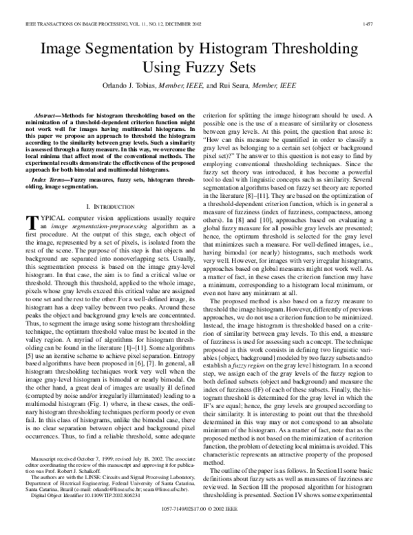 (PDF) Image segmentation by histogram thresholding using fuzzy sets