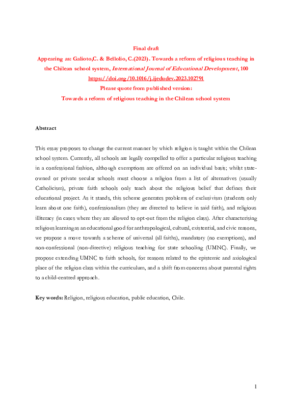 (PDF) Reform of religious teaching in the Chilean school Final draft ...