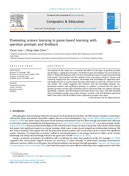 (PDF) Promoting science learning in game-based learning with question prompts and feedback