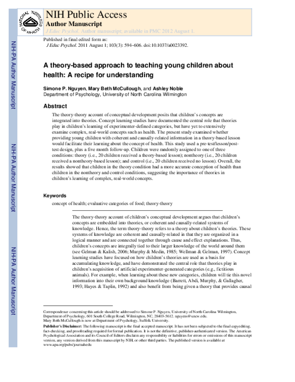 (PDF) A theory-based approach to teaching young children about health ...