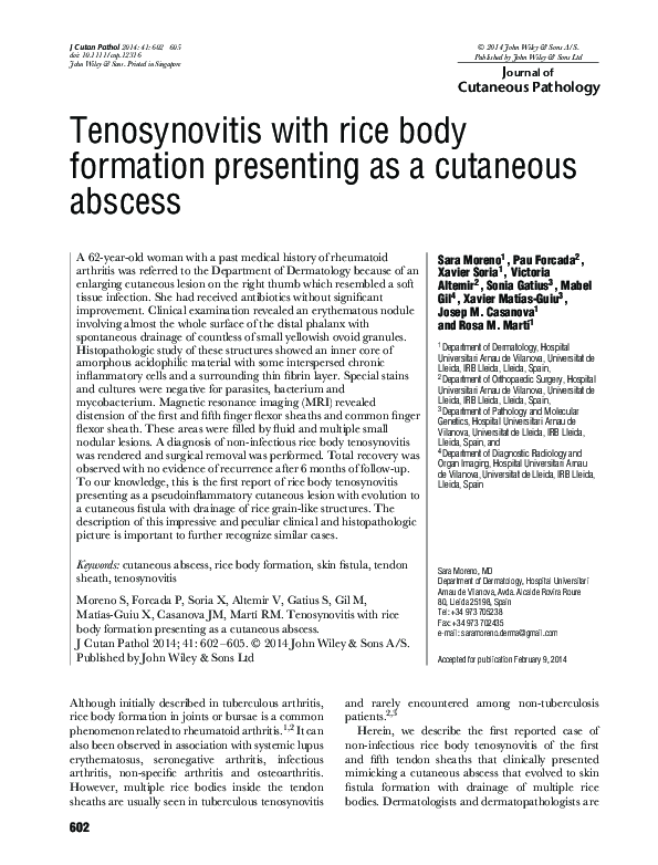 (PDF) Tenosynovitis with rice body formation presenting as a cutaneous ...
