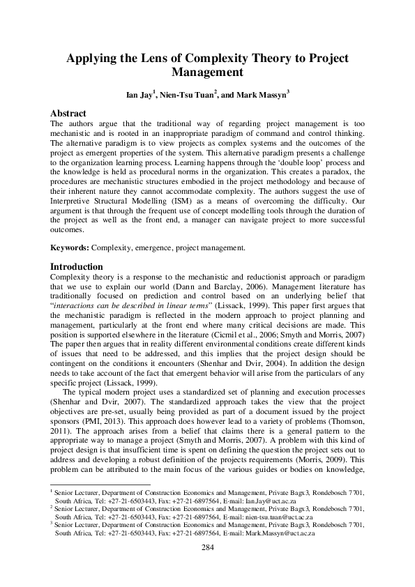 (PDF) Applying the Lens of Complexity Theory to Project Management