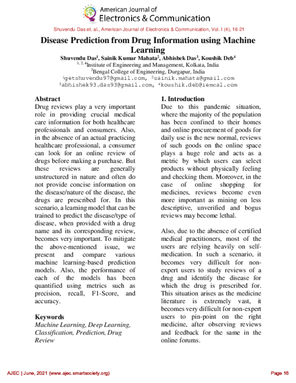 (PDF) Disease Prediction from Drug Information using Machine Learning ...