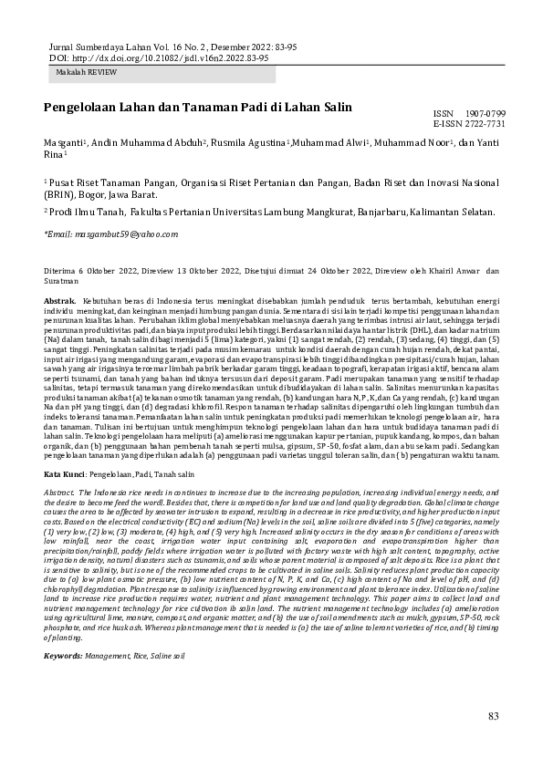 (PDF) Pengelolaan Lahan dan Tanaman Padi di Lahan Salin