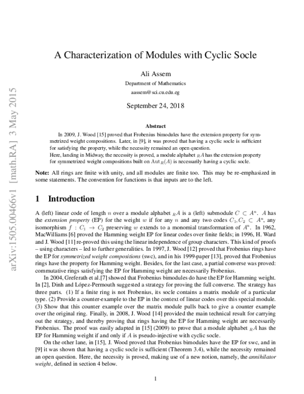 (PDF) A Characterization of Modules with Cyclic Socle