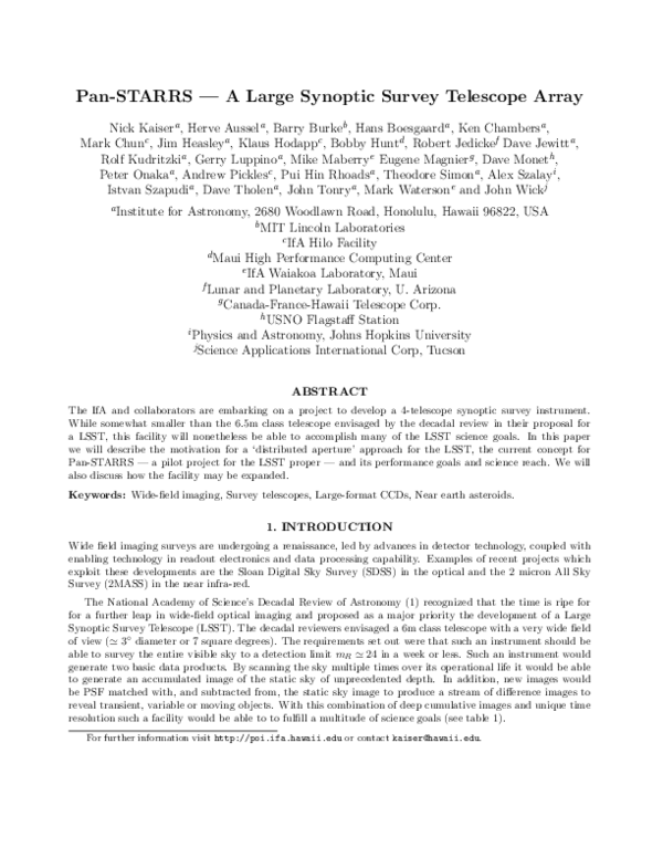 (PDF) Pan-STARRS: A Large Synoptic Survey Telescope Array (PDF) Pan-STARRS: A Large Synoptic Survey Telescope Array