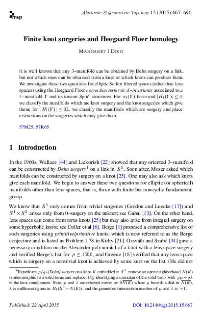 (PDF) Finite knot surgeries and Heegaard Floer homology | Margaret Doig ...