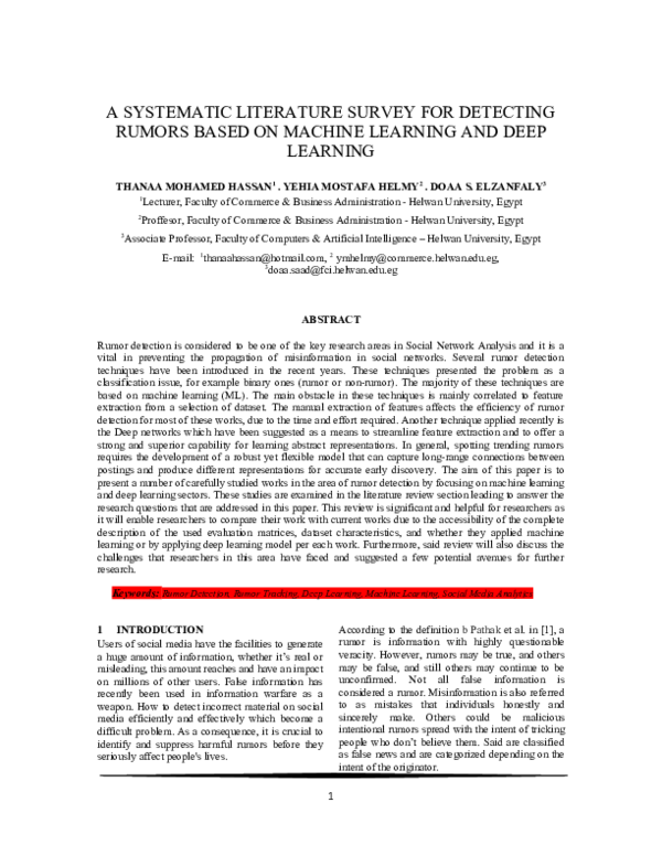Doc A Systematic Literature Survey For Detecting Rumors Based On Machine Learning And Deep