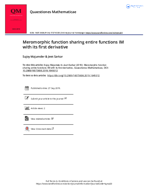(PDF) Meromorphic function sharing entire functions IM with its first derivative