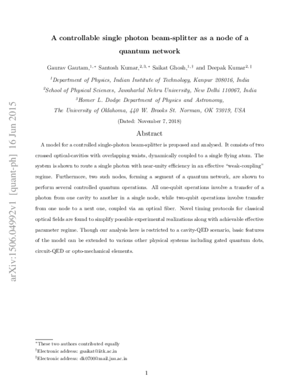 (PDF) A controllable single photon beam-splitter as a node of a quantum network