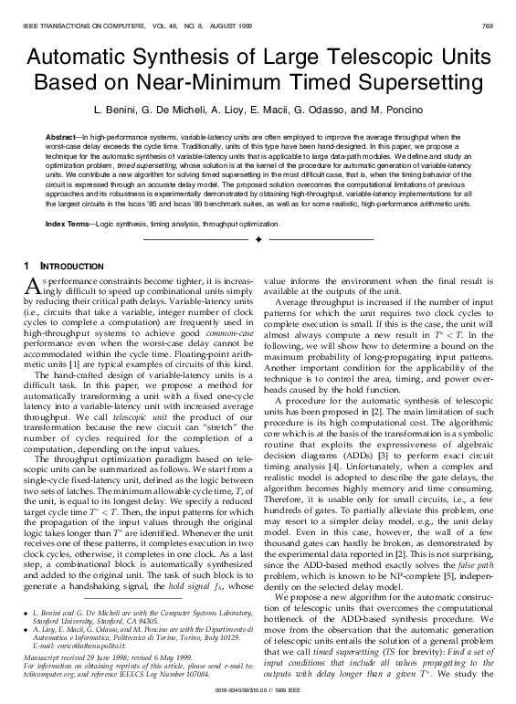 (PDF) Automatic synthesis of large telescopic units based on near-minimum timed supersetting ...