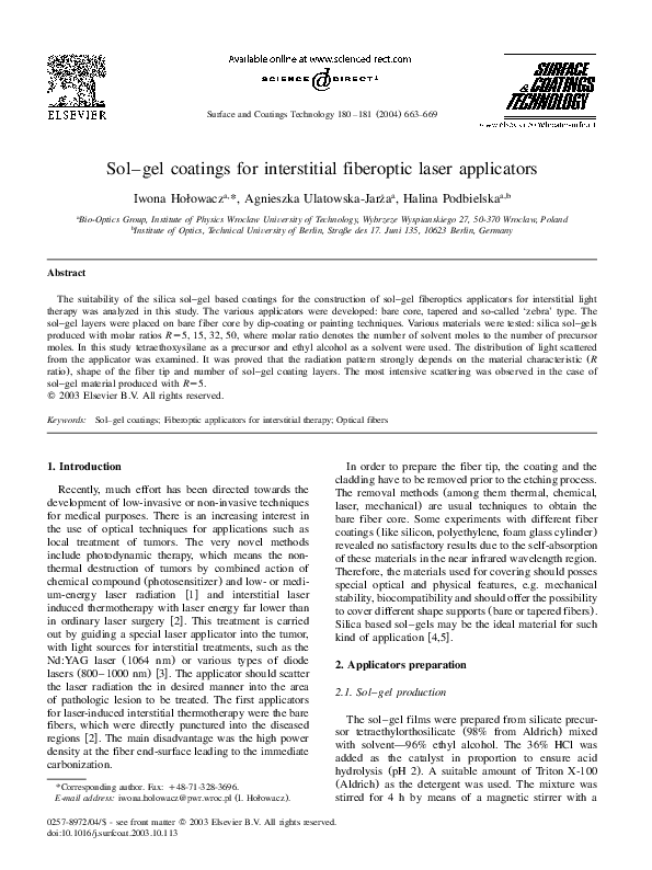 (PDF) Sol?gel coatings for interstitial fiberoptic laser applicators
