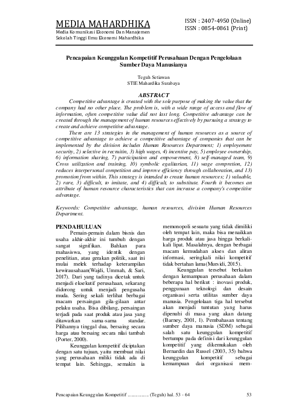 (PDF) Pencapaian Keunggulan Kompetitif Perusahaan Dengan Pengelolaan Sumber Daya Manusianya