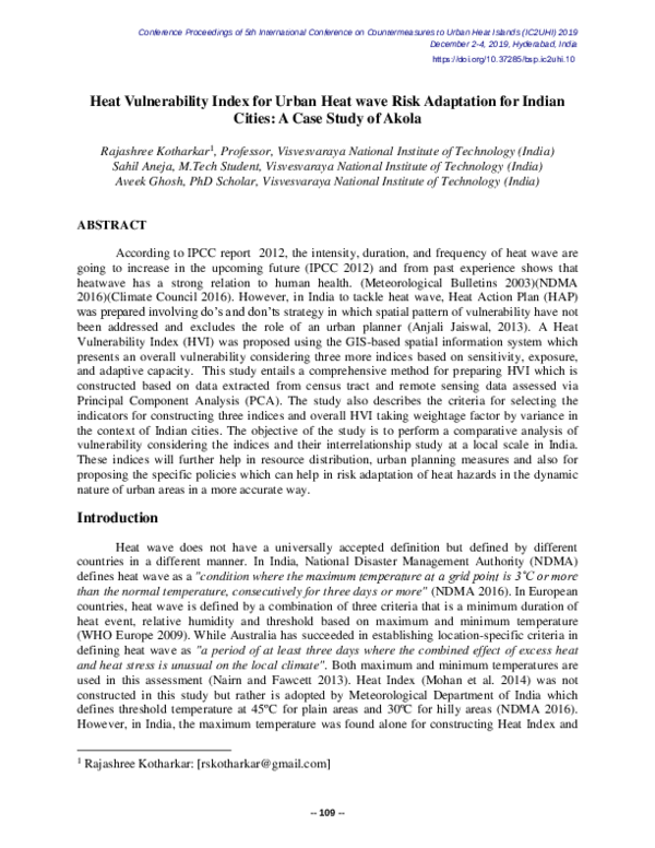 (PDF) Heat Vulnerability Index for Urban Heat wave Risk Adaptation for Indian Cities: A Case ...