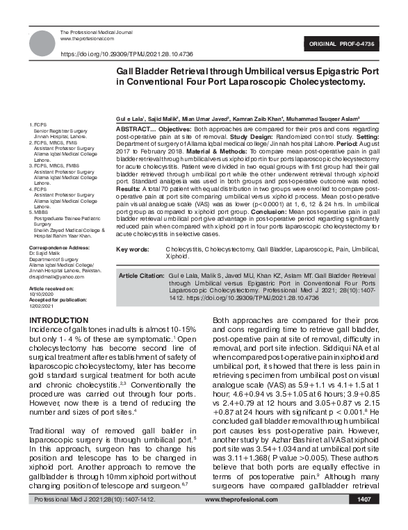 (PDF) Gall Bladder Retrieval through Umbilical versus Epigastric Port ...