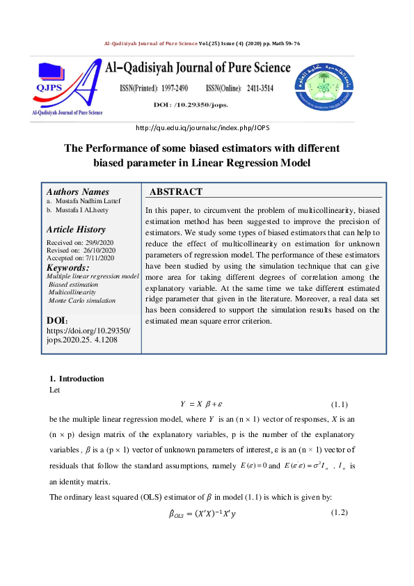 (PDF) The Performance Of Some Biased Estimators With Different Biased Parameter In Linear ...