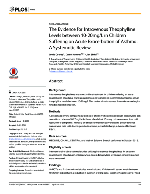 (PDF) The Evidence for Intravenous Theophylline Levels between 10-20mg ...
