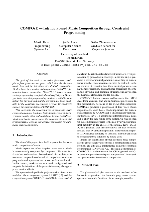 (PDF) COMPOzE-intention-based music composition through constraint programming