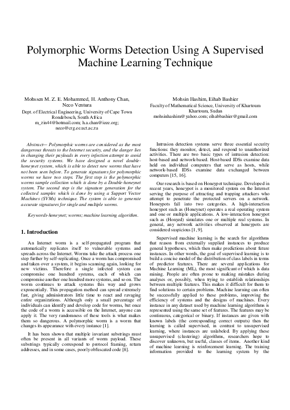 Pdf Polymorphic Worms Detection Using A Supervised Machine Learning 3983