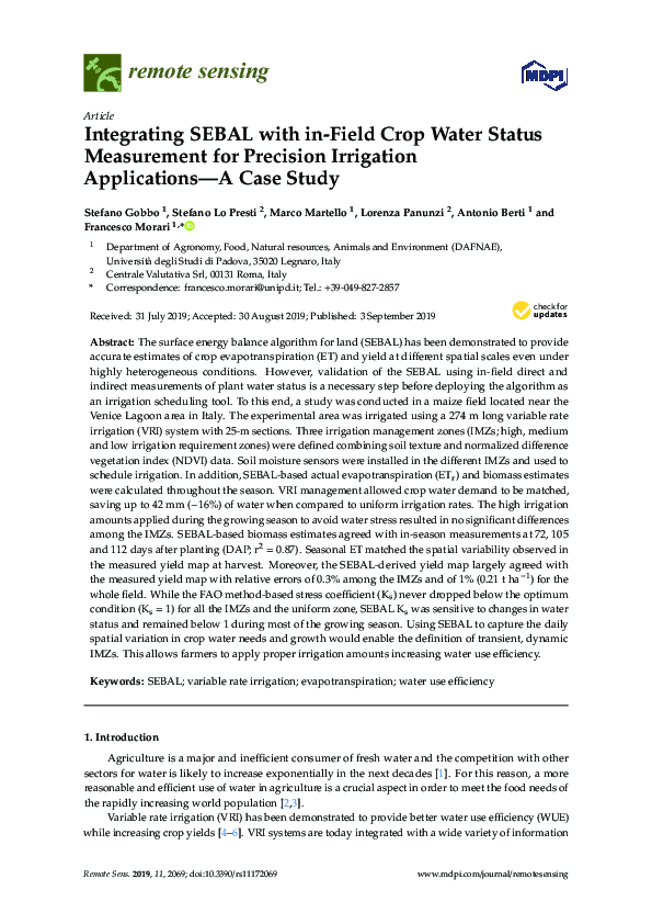 (PDF) Integrating SEBAL with in-Field Crop Water Status Measurement for ...