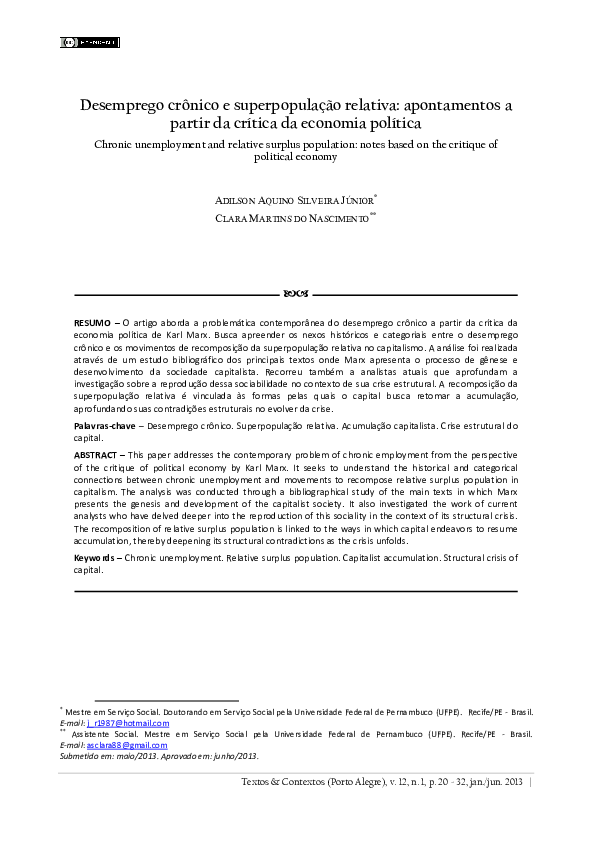 (PDF) 02. Desemprego crônico e superpopulação relativa: apontamentos a ...