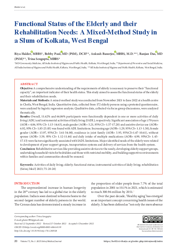 (PDF) Functional Status of the Elderly and their Rehabilitation Needs ...