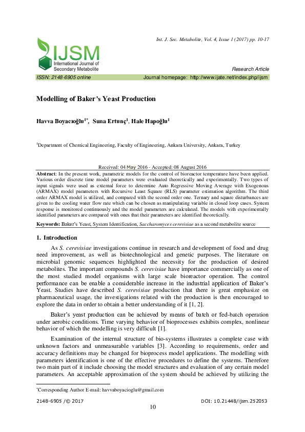 (PDF) Modelling of Baker’s Yeast Production
