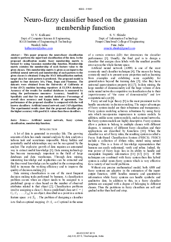 Pdf Neuro Fuzzy Classifier Based On The Gaussian Membership Function