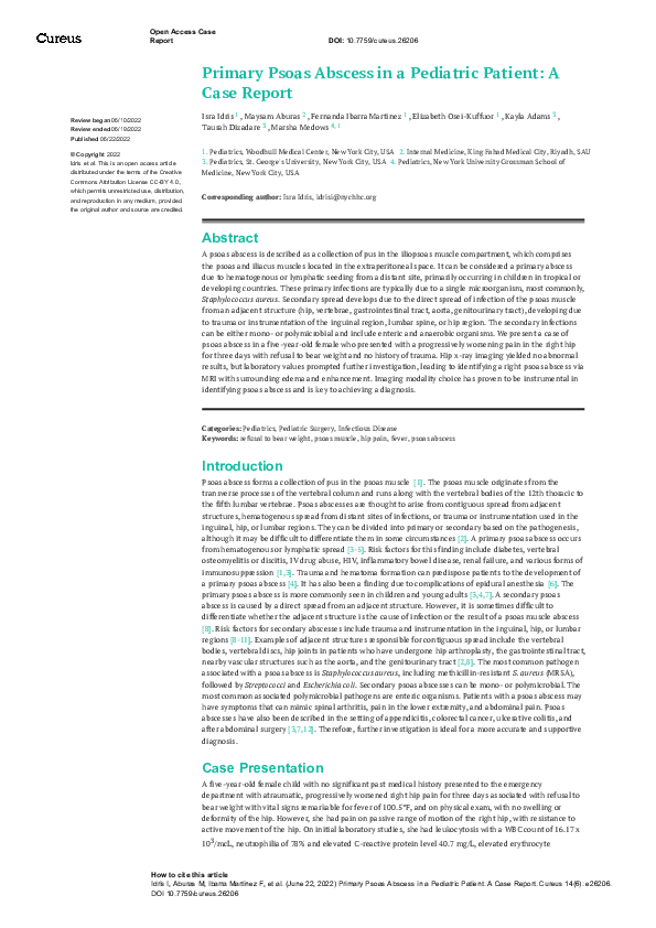 (PDF) Primary Psoas Abscess in a Pediatric Patient: A Case Report