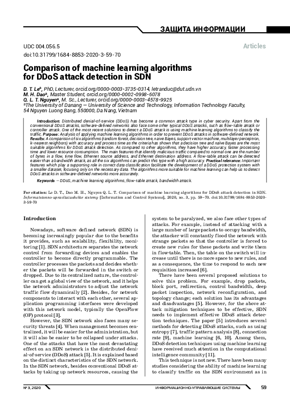 (PDF) Comparison of machine learning algorithms for DDoS attack detection in SDN