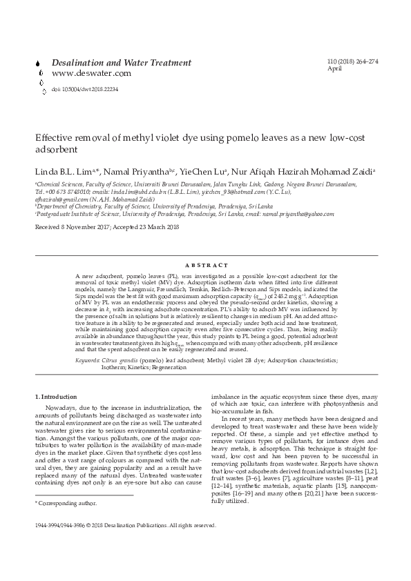 (PDF) Effective removal of methyl violet dye using pomelo leaves as a ...