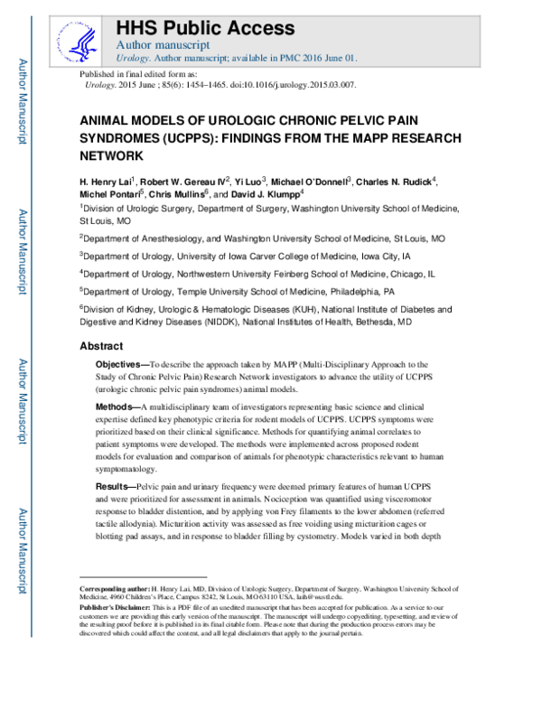 (PDF) Animal Models of Urologic Chronic Pelvic Pain Syndromes: Findings ...