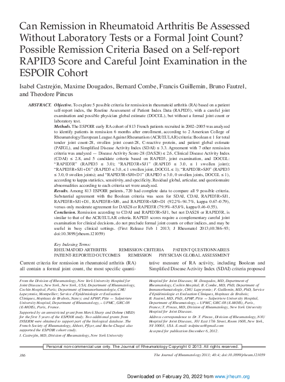 (PDF) Can Remission in Rheumatoid Arthritis Be Assessed Without ...