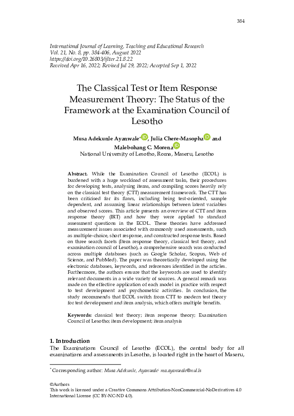 (PDF) The Classical Test or Item Response Measurement Theory: The ...
