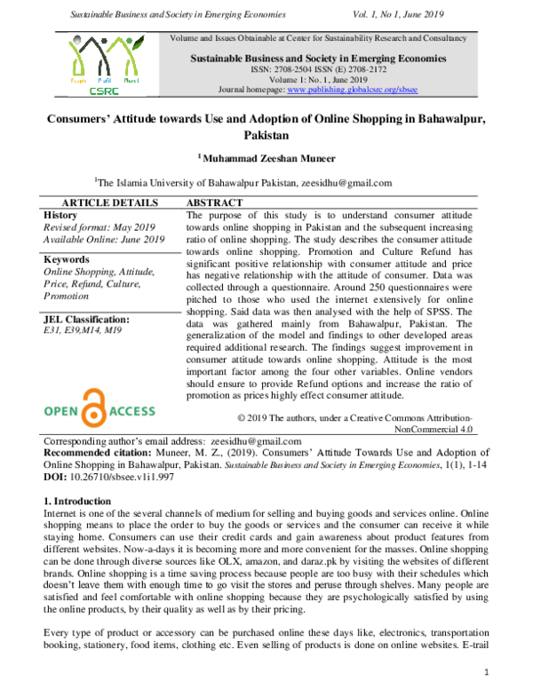 Pdf Consumers Attitude Towards Use And Adoption Of Online Shopping In Bahawalpur Pakistan
