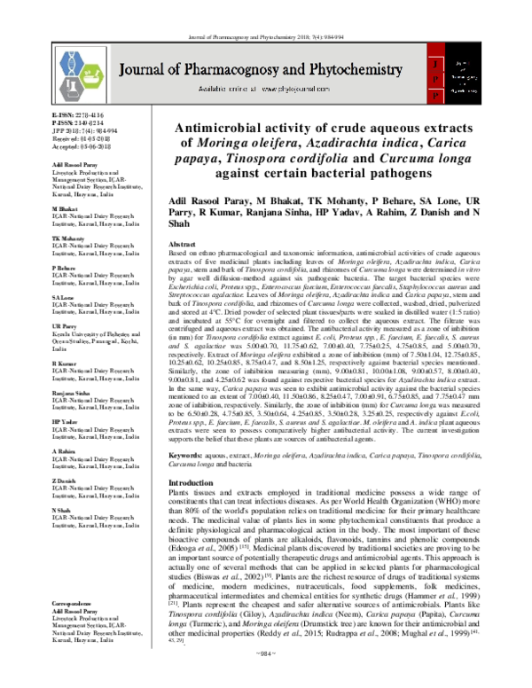 (PDF) Antimicrobial activity of crude aqueous extracts of Moringa oleifera, Azadirachta indica ...