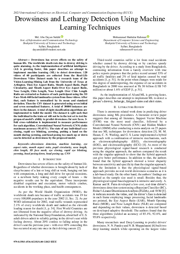 (PDF) Drowsiness and Lethargy Detection Using Machine Learning Techniques