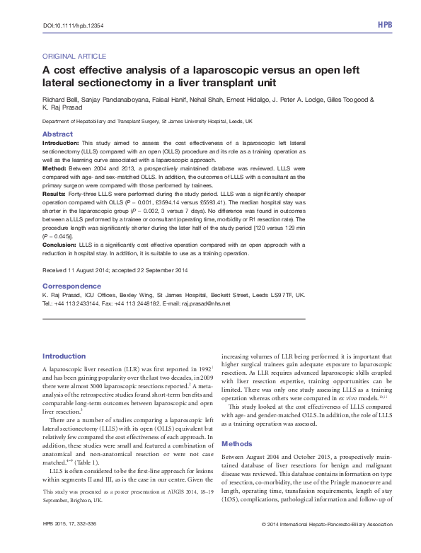 Pdf A Cost Effective Analysis Of A Laparoscopic Versus An Open Left Lateral Sectionectomy In A
