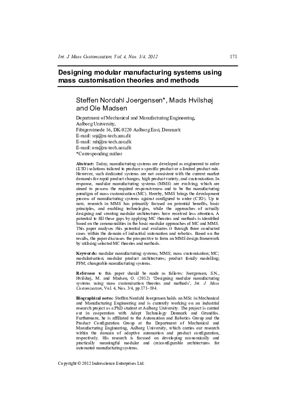 (PDF) Designing modular manufacturing systems using mass customisation ...