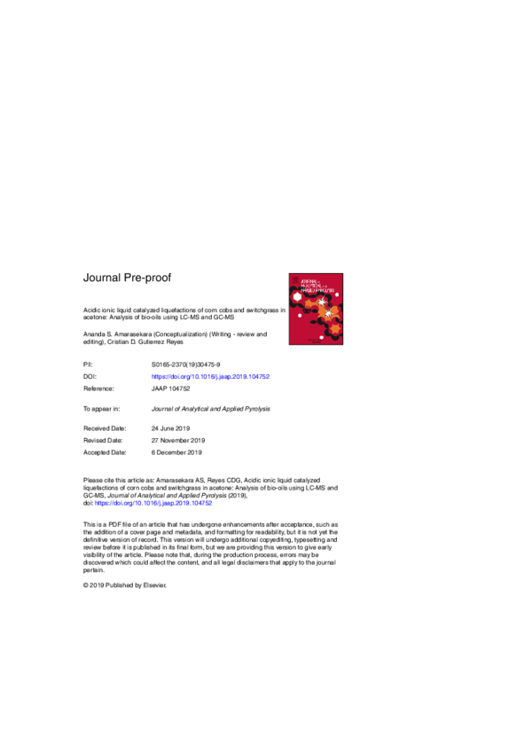 (PDF) Acidic ionic liquid catalyzed liquefactions of corn cobs and ...