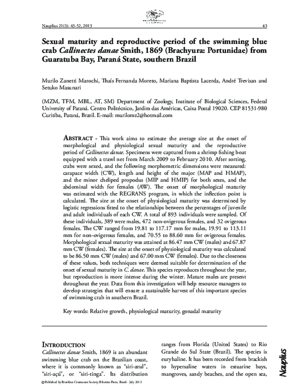 (PDF) Sexual maturity and reproductive period of the swimming blue crab ...