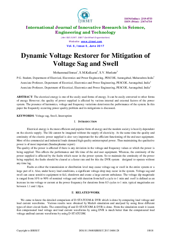 Pdf Dynamic Voltage Restorer For Mitigation Of Voltage Sag And Swell Mohammad Imran