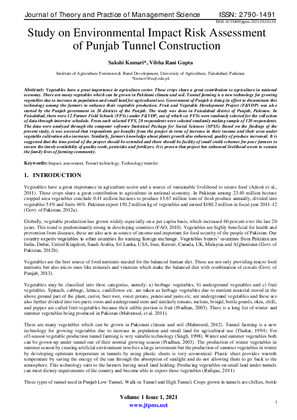 (PDF) Study on Environmental Impact Risk Assessment of Punjab Tunnel ... (PDF) Study on Environmental Impact Risk Assessment of Punjab Tunnel ...