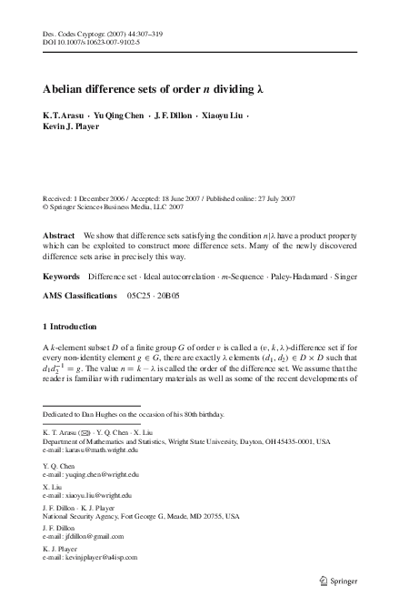 (PDF) Abelian difference sets of order n dividing λ